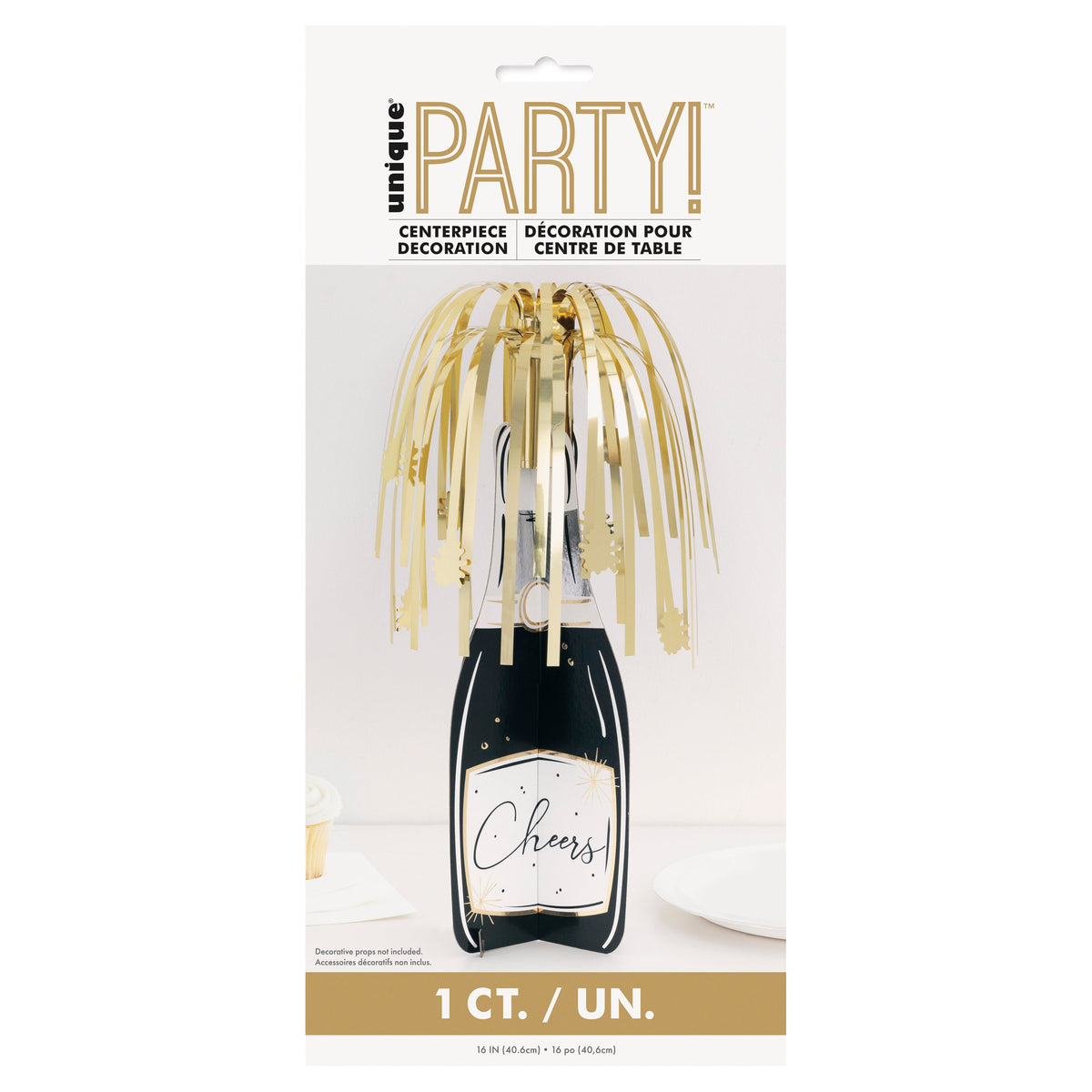 Champagne Bottle Shaped Centerpiece with Gold Foil Fringe| Party Stop